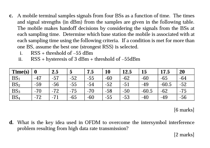 Solved c. A mobile terminal samples signals from four BSs as | Chegg.com
