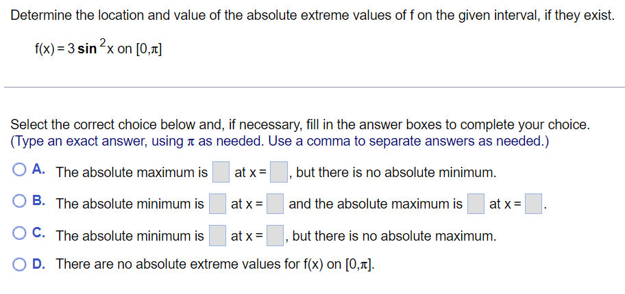 Solved f(x)=3sin2x on [0,π] Select the correct choice below | Chegg.com
