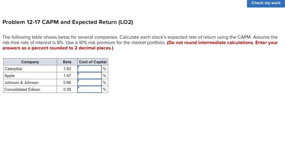 Solved Check my work Problem 12-17 CAPM and Expected Return | Chegg.com
