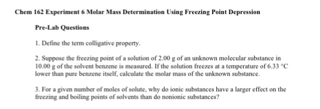 Solved Chem 162 Experiment 6 Molar Mass Determination Using | Chegg.com