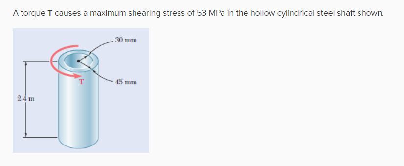 Solved A torque T causes a maximum shearing stress of 53 MPa | Chegg.com