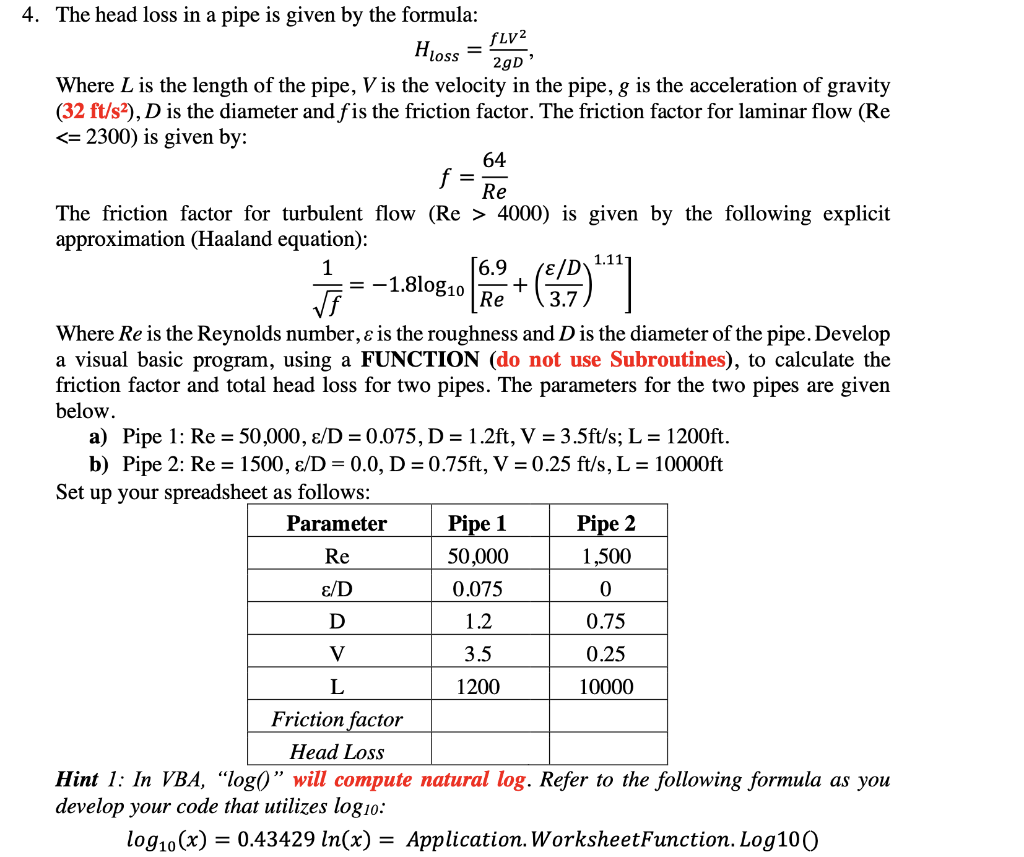 Solved 4. The head loss in a pipe is given by the formula: | Chegg.com
