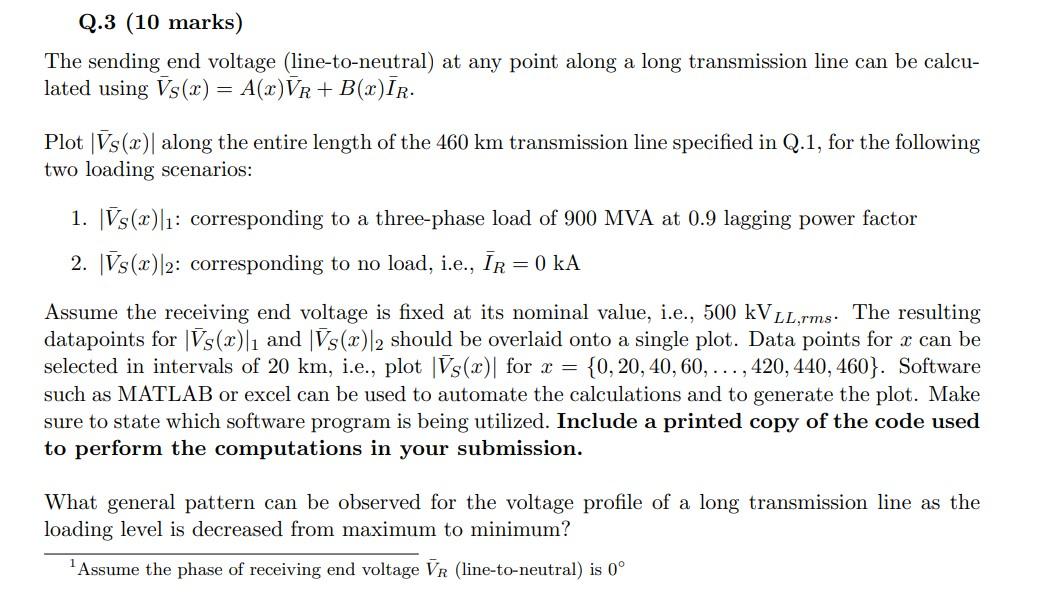 Q.3 (10 marks) The sending end voltage | Chegg.com