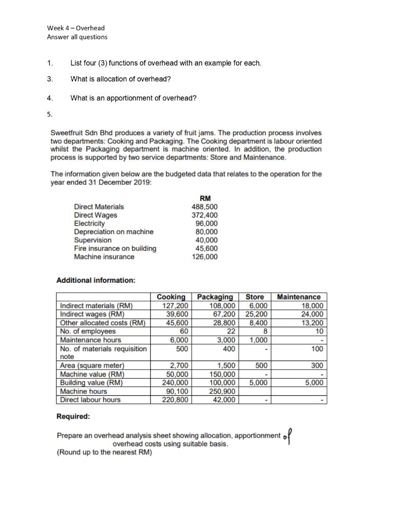 Week 4 - Overhead Answer all questions 1. List four | Chegg.com