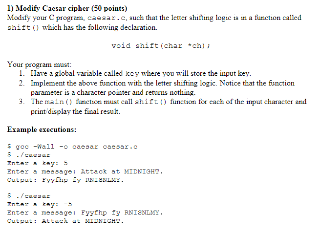 Solved 1) Modify Caesar cipher (50 points) Modify your C | Chegg.com