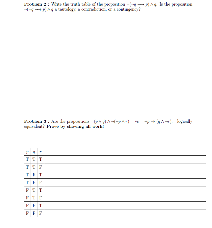 Solved Problem 2 : Write the truth table of the proposition | Chegg.com