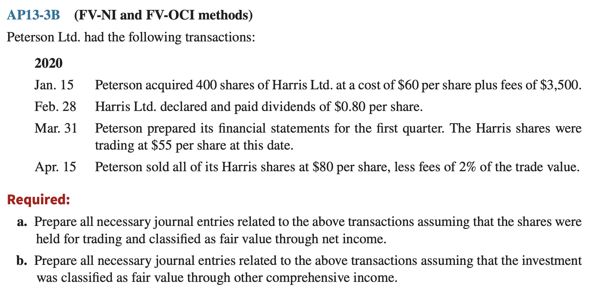 Solved AP13-3B (FV-NI and FV-OCI methods) Peterson Ltd. had | Chegg.com