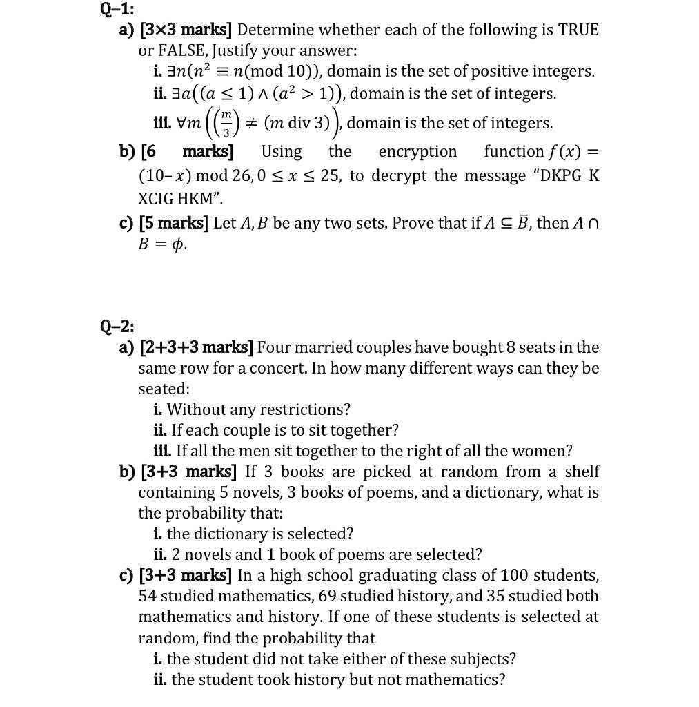 Solved Q-1: a) [3x3 marks] Determine whether each of the | Chegg.com
