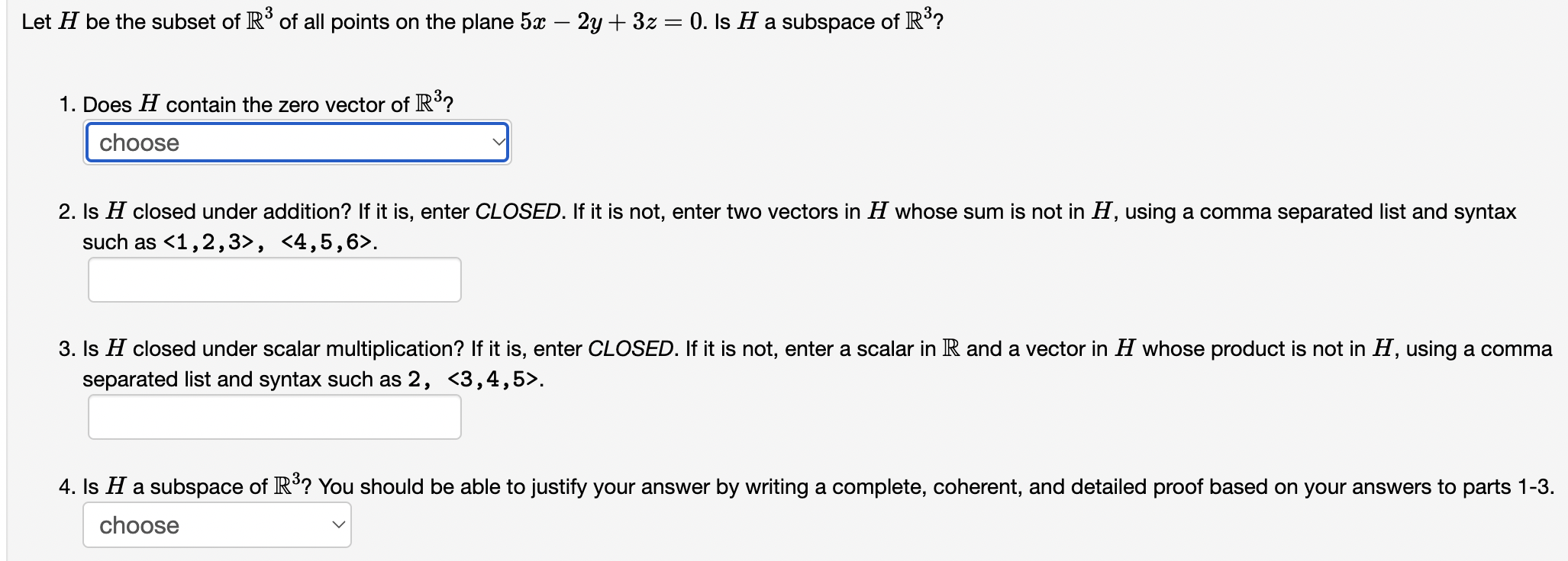 Solved _et H be the subset of R3 of all points on the plane | Chegg.com