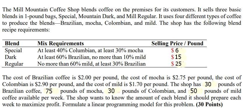 Solved The Mill Mountain Coffee Shop blends coffee on the | Chegg.com