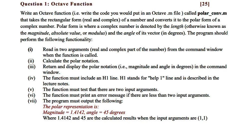 Solved Question 1: Octave Function [25] Write an Octave | Chegg.com