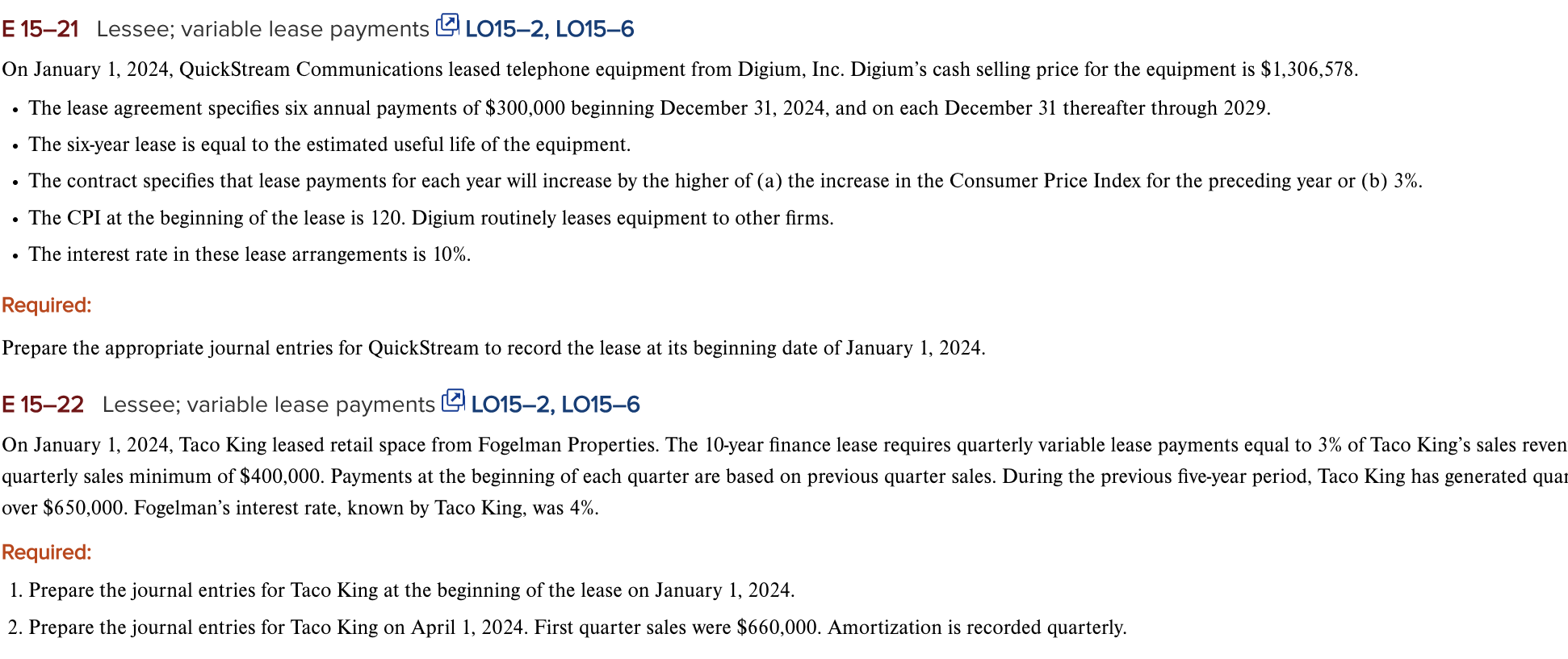 Solved E 15-21 Lessee; variable lease payments (니 LO15-2, | Chegg.com
