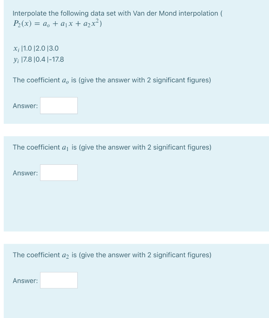 Solved Interpolate the following data set with Van der Mond | Chegg.com