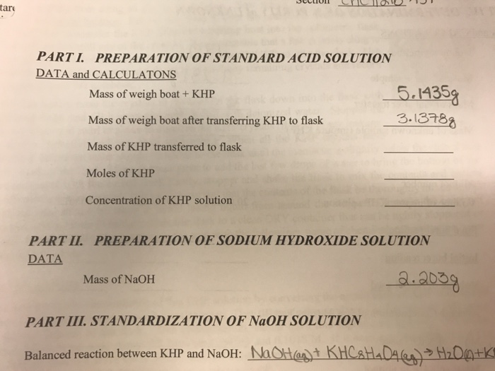 Solved tare PARTI PREPARATION OF STANDARD ACID SOLUTION DATA | Chegg.com