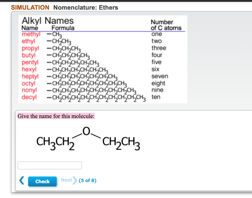 Solved SIMULATION Nomenclature: Ethers Alkyl Names Number | Chegg.com