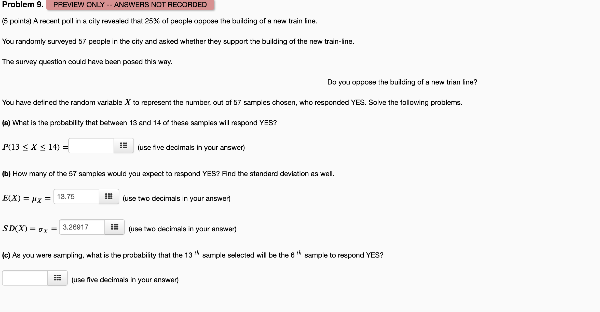 Solved Problem 9. PREVIEW ONLY -- ANSWERS NOT RECORDED (5 | Chegg.com