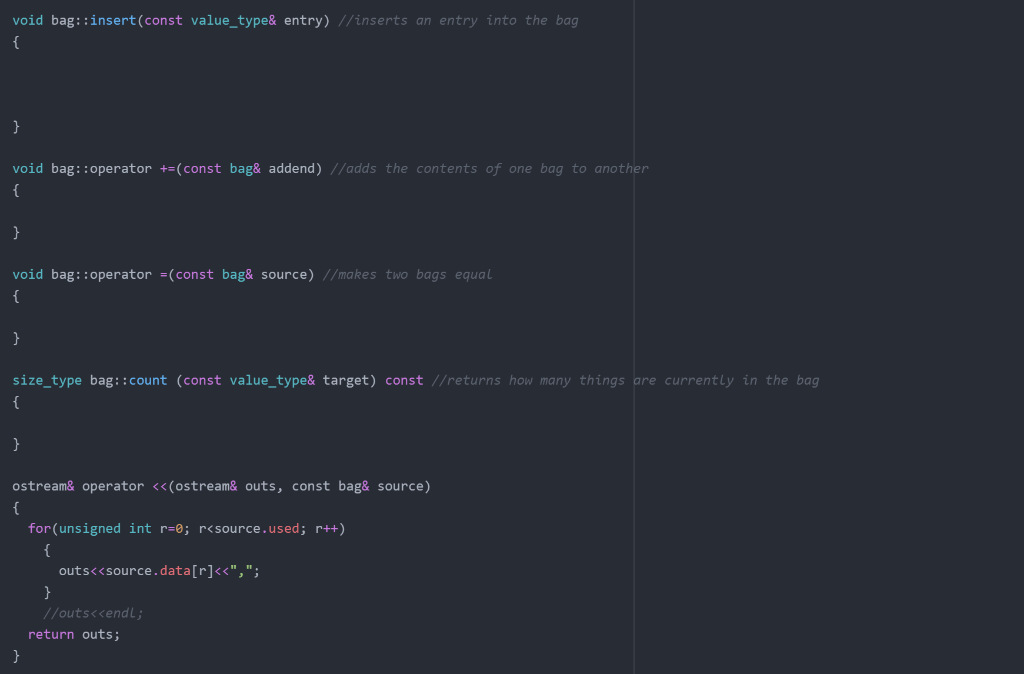 Solved Your assignment, Implement the bag type (.cpp file) | Chegg.com