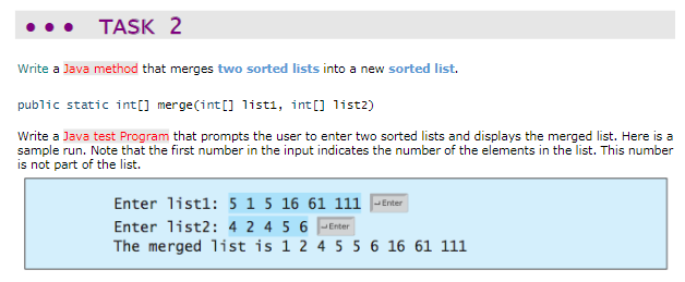 Solved Task 2 Write A Java Method That Merges Two Sorted 