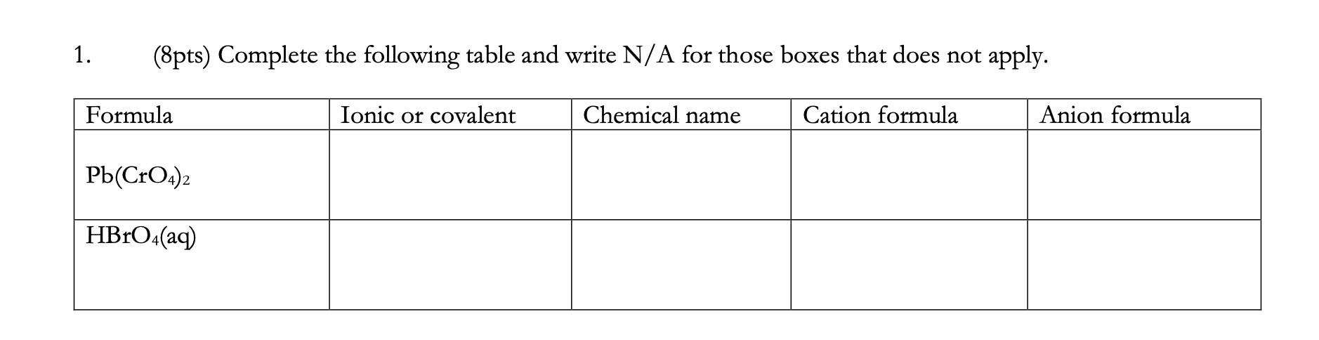 Solved 1. (8pts) Complete the following table and write N/A | Chegg.com