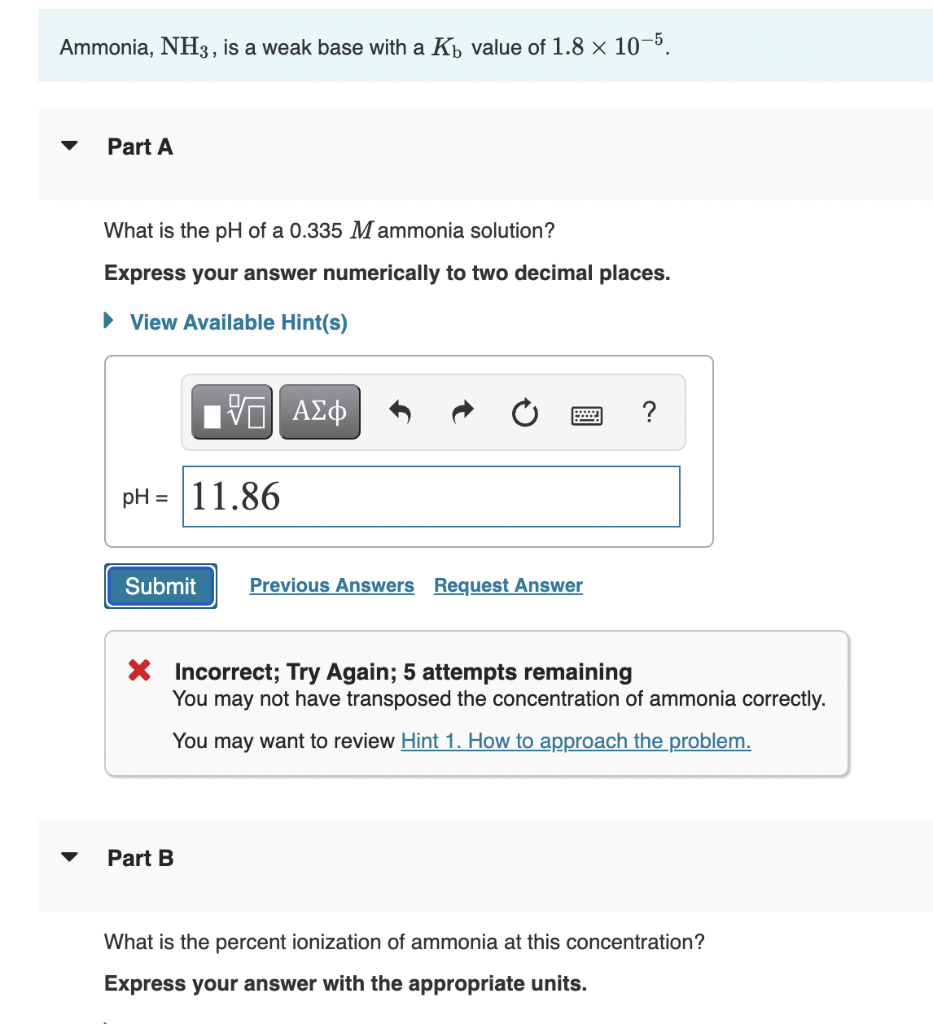 Solved Ammonia, NH3, is a weak base with a Kb value of | Chegg.com