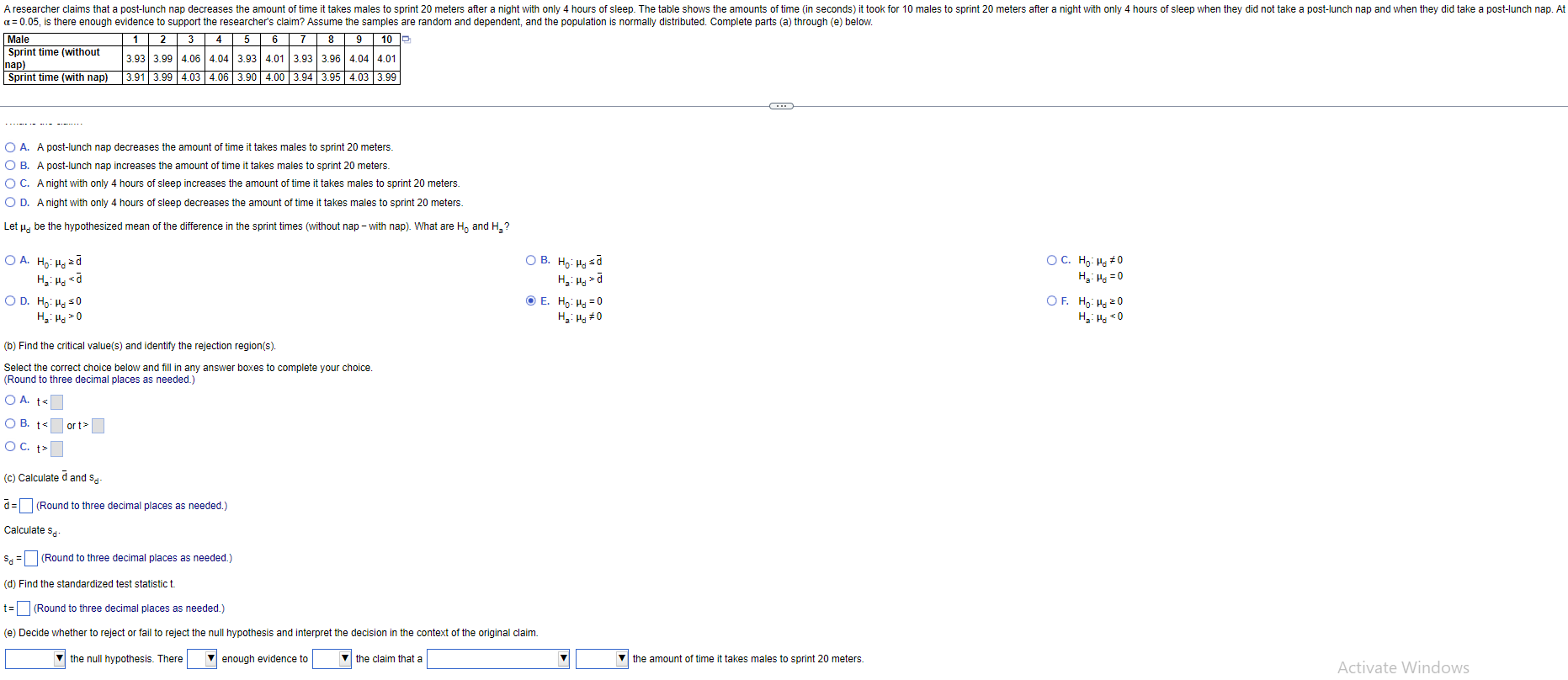 Solved A researcher claims that a post-lunch nap decreases | Chegg.com