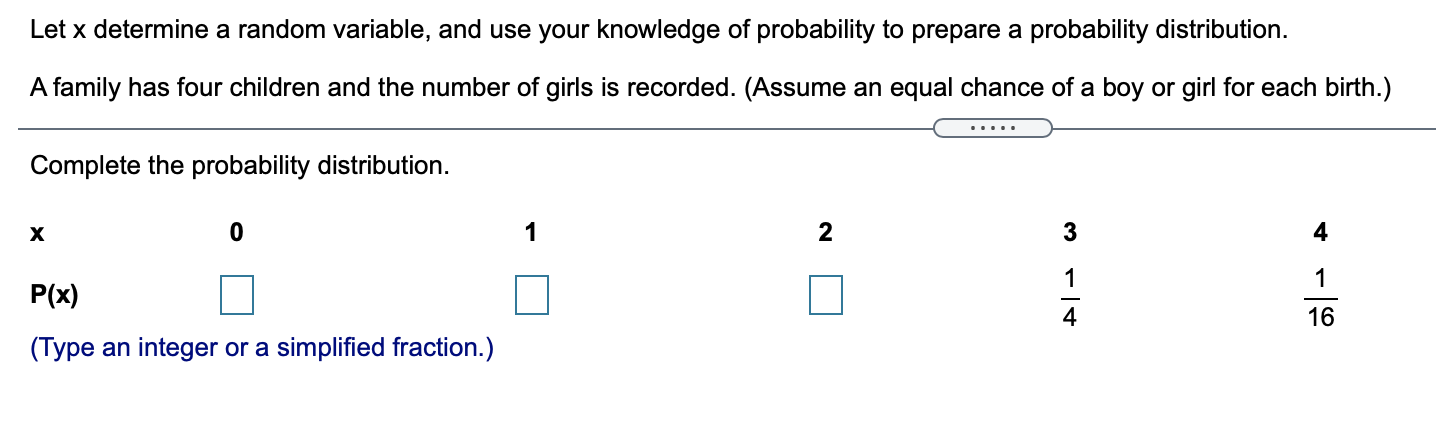 Solved Fill in the missing value to make a valid probability | Chegg.com