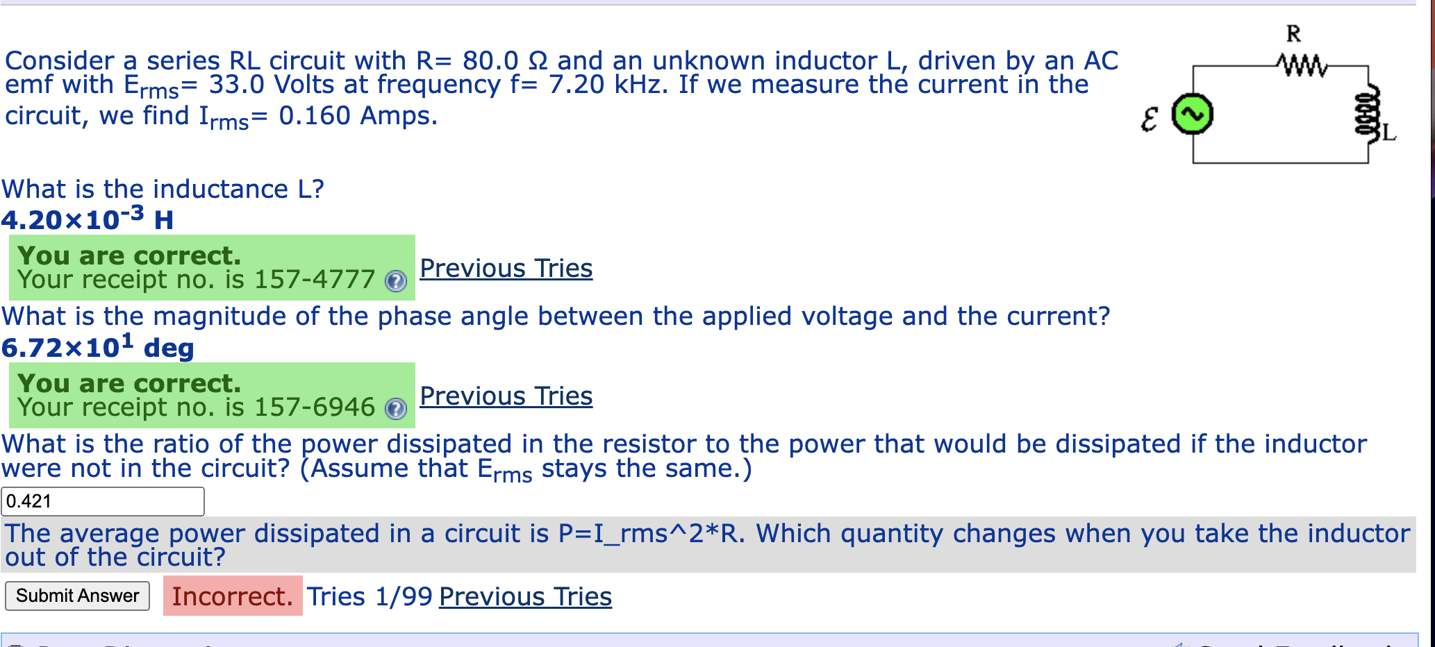 Solved Consider a series RL ﻿circuit with R=80.0Ωand an | Chegg.com