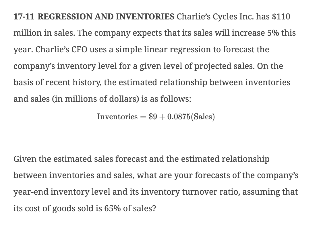 Solved 17-11 ﻿REGRESSION AND INVENTORIES Charlie's Cycles | Chegg.com