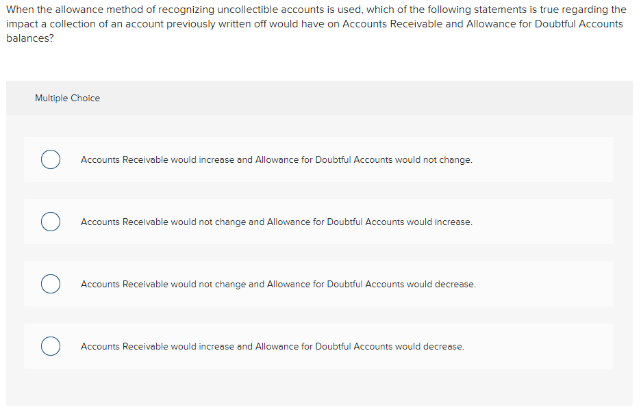Solved When the allowance method of recognizing | Chegg.com
