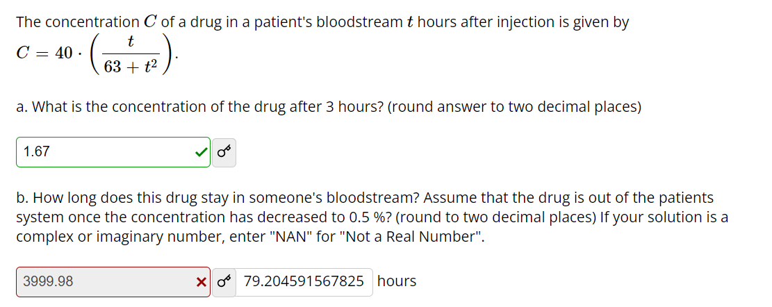 Solved C=40⋅(63+t2t) a. What is the concentration of the | Chegg.com
