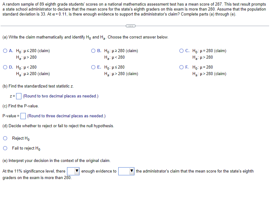 Solved A random sample of 89 eighth grade students' scores | Chegg.com