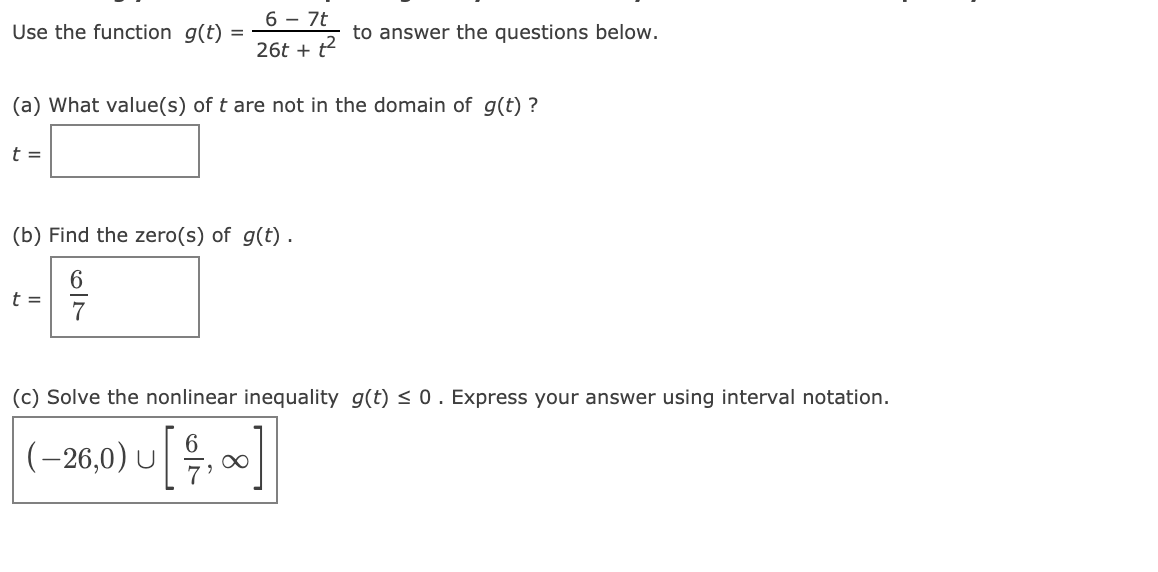 Solved Use the function g(t) = 6 - 7t 26t +++ to answer the | Chegg.com