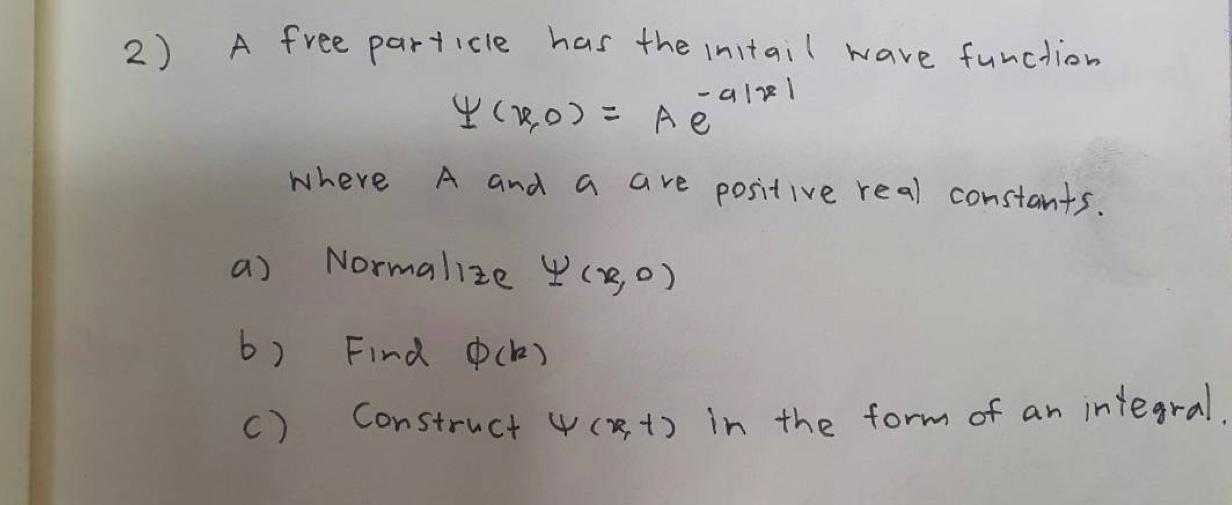 Solved 2) -alel A free particle has the initail wave | Chegg.com