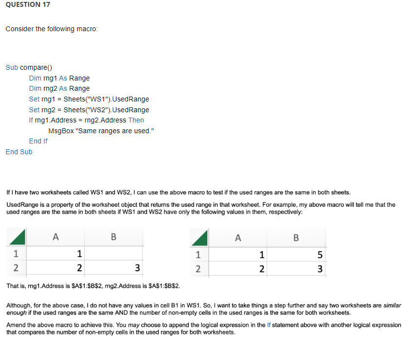 Solved Consider the following macro: Sub compare() Dim rng1 | Chegg.com
