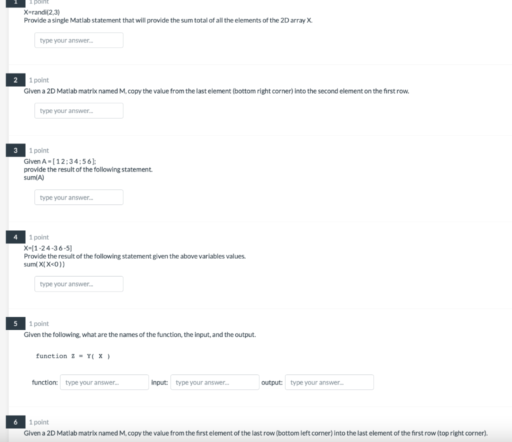 Solved 1 point X=randi(2,3) Provide a single Matlab | Chegg.com