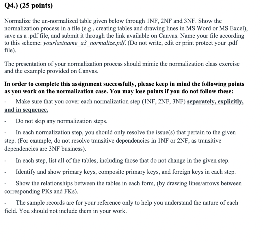 Q4.) (25 points) Normalize the un-normalized table | Chegg.com