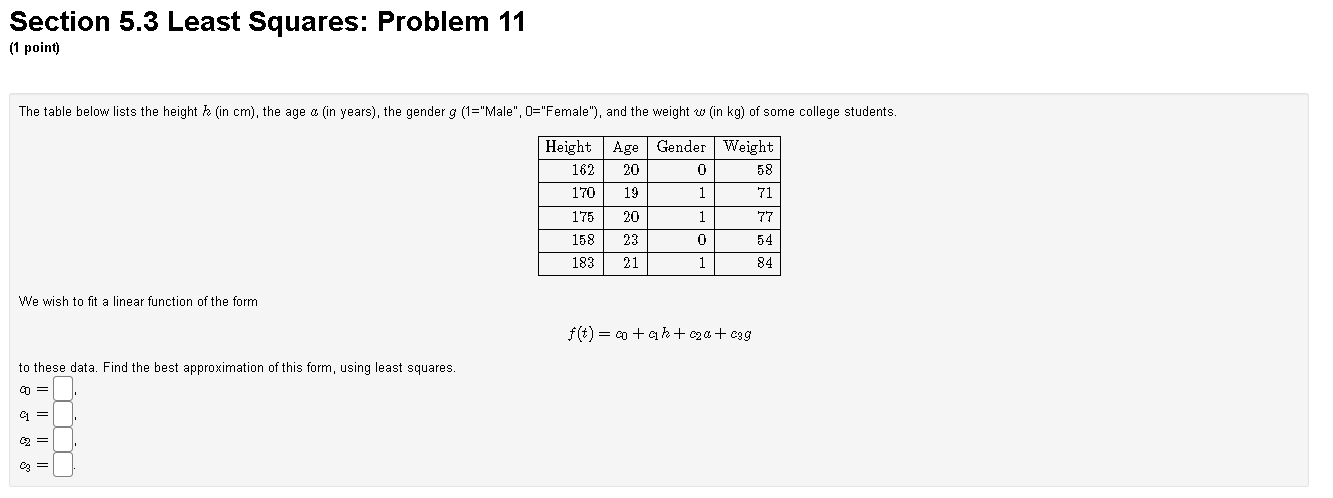 Solved Section 5.3 Least Squares: Problem 11 (1 point) The | Chegg.com