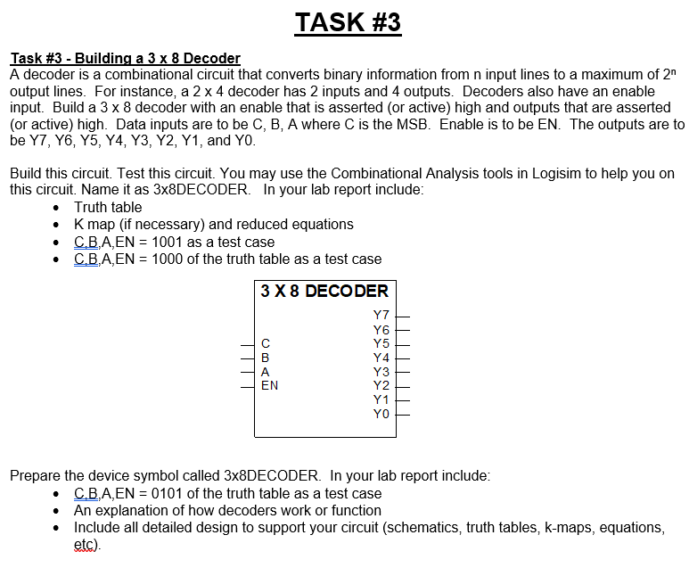 TASK #3 Task #3 - Building a 3x 8 Decoder A decoder | Chegg.com
