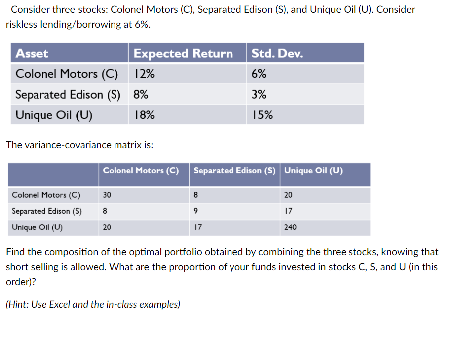 Consider three stocks: Colonel Motors (C), Separated | Chegg.com