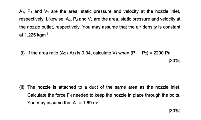 Solved A1, P1 and V1 are the area, static pressure and | Chegg.com