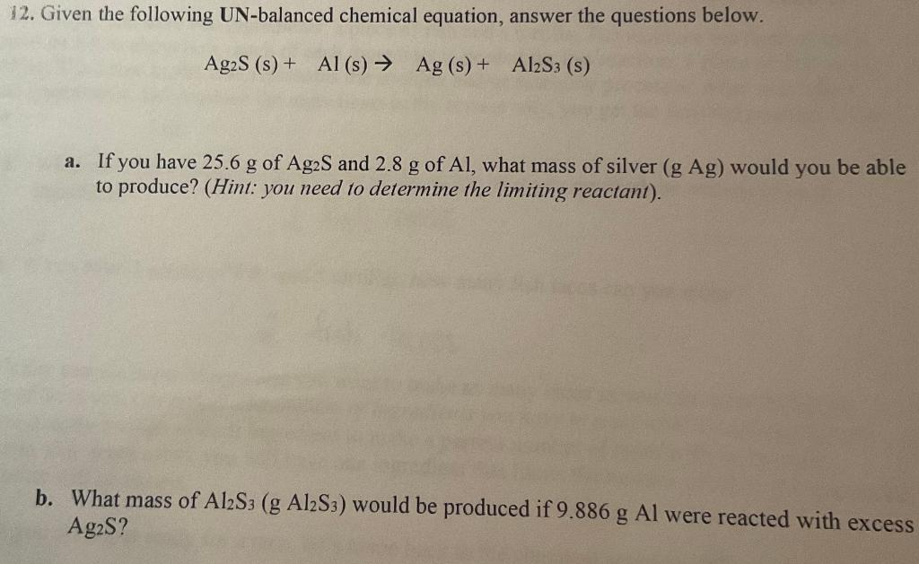 Solved 11 Given The Following Balanced Chemical Equation