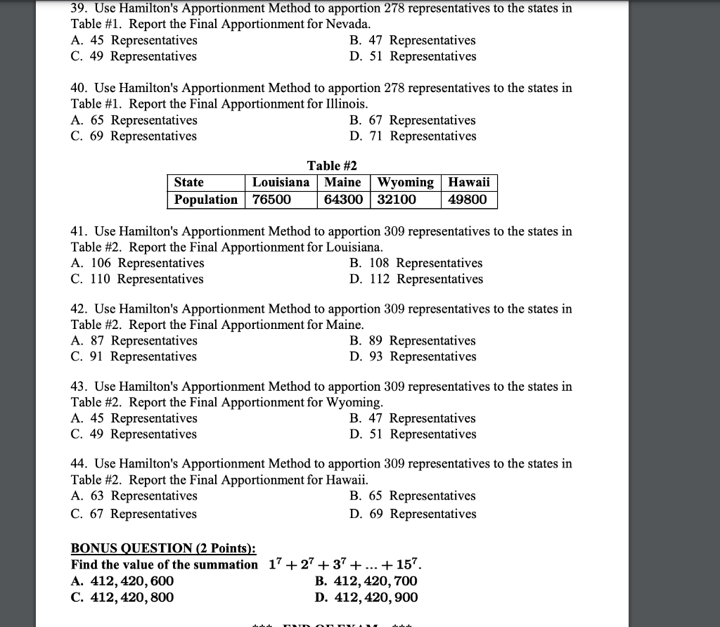 39. Use Hamilton's Apportionment Method to apportion | Chegg.com