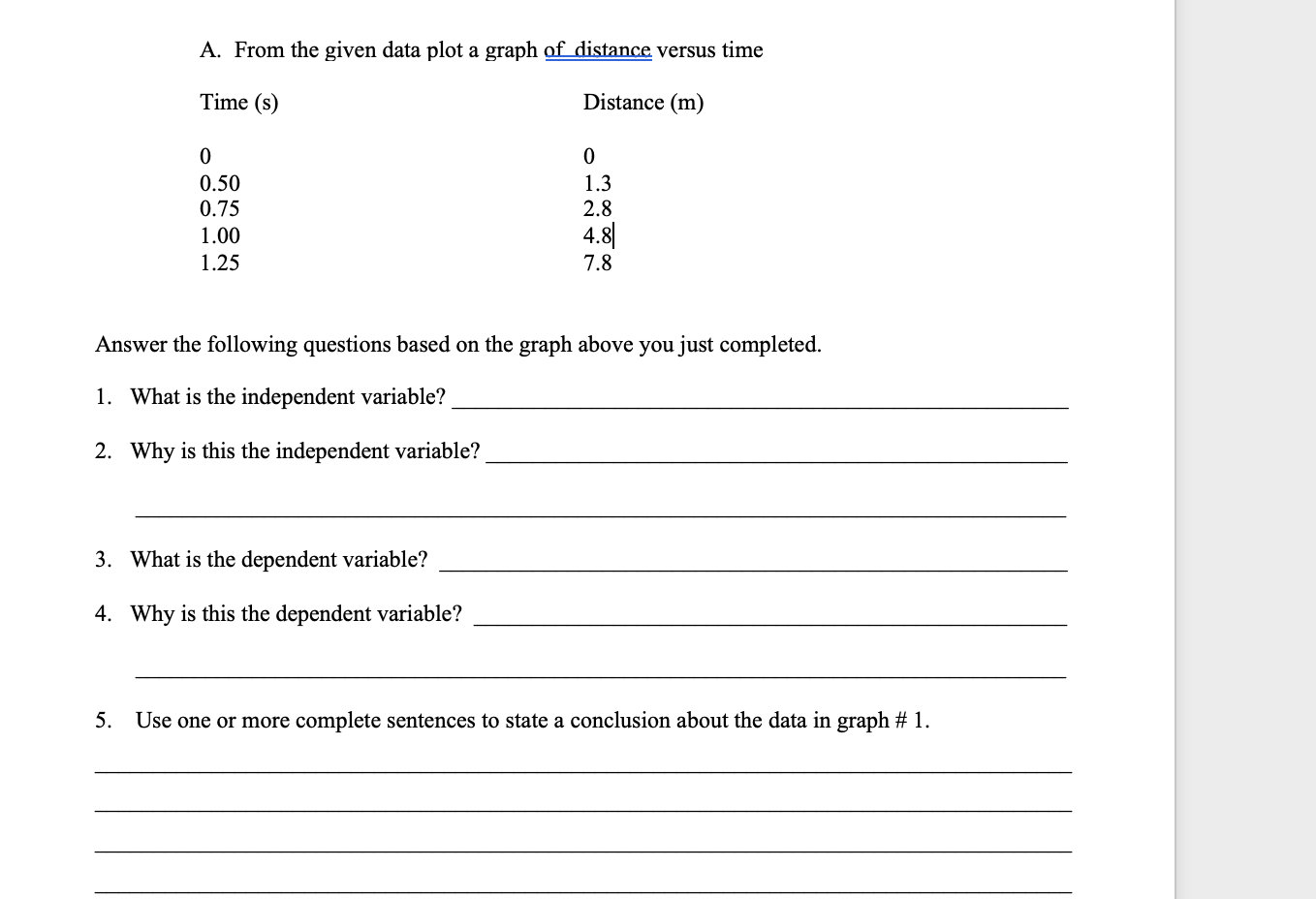 Solved A. From the given data plot a graph of distance | Chegg.com
