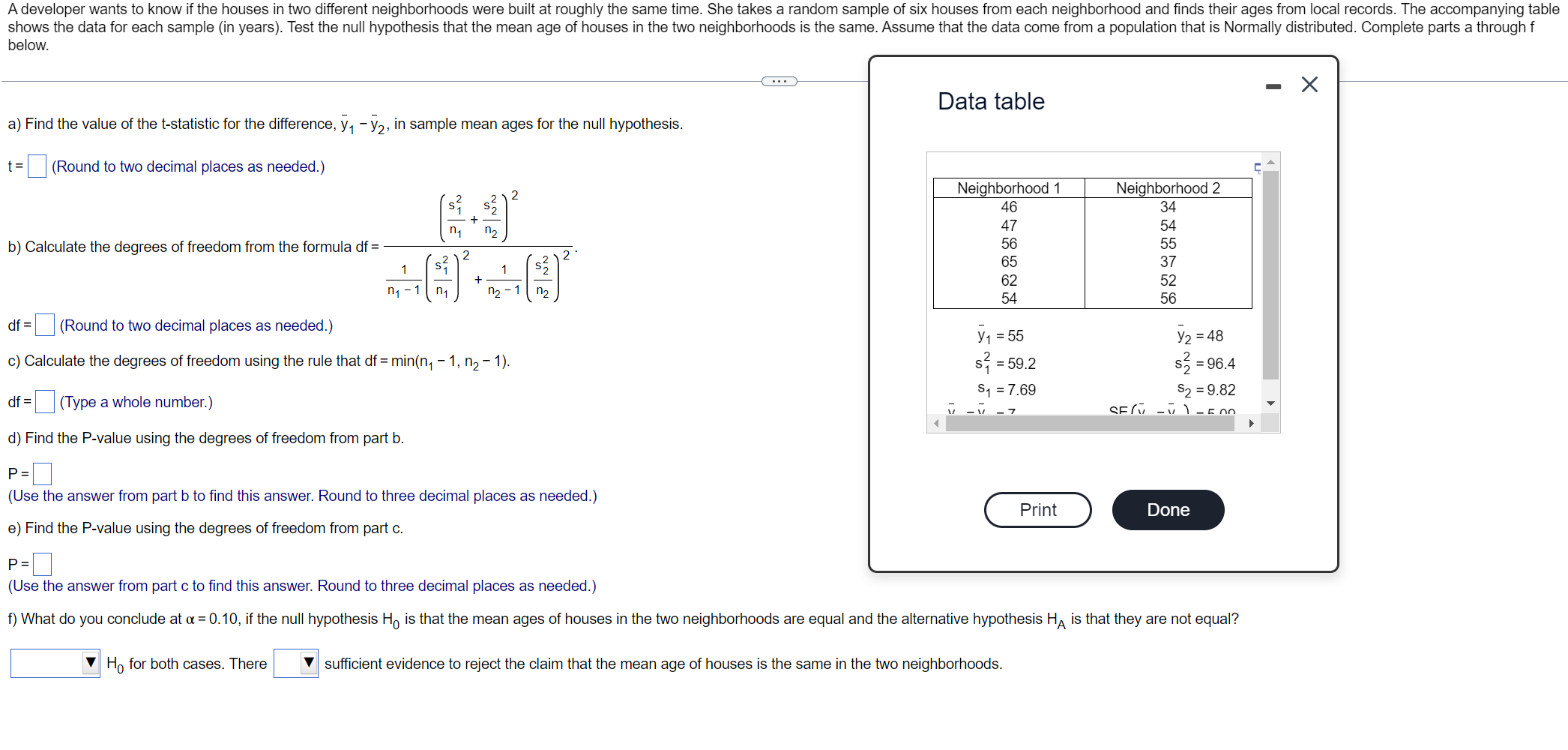 Solved a) Find the value of the t-statistic for the | Chegg.com