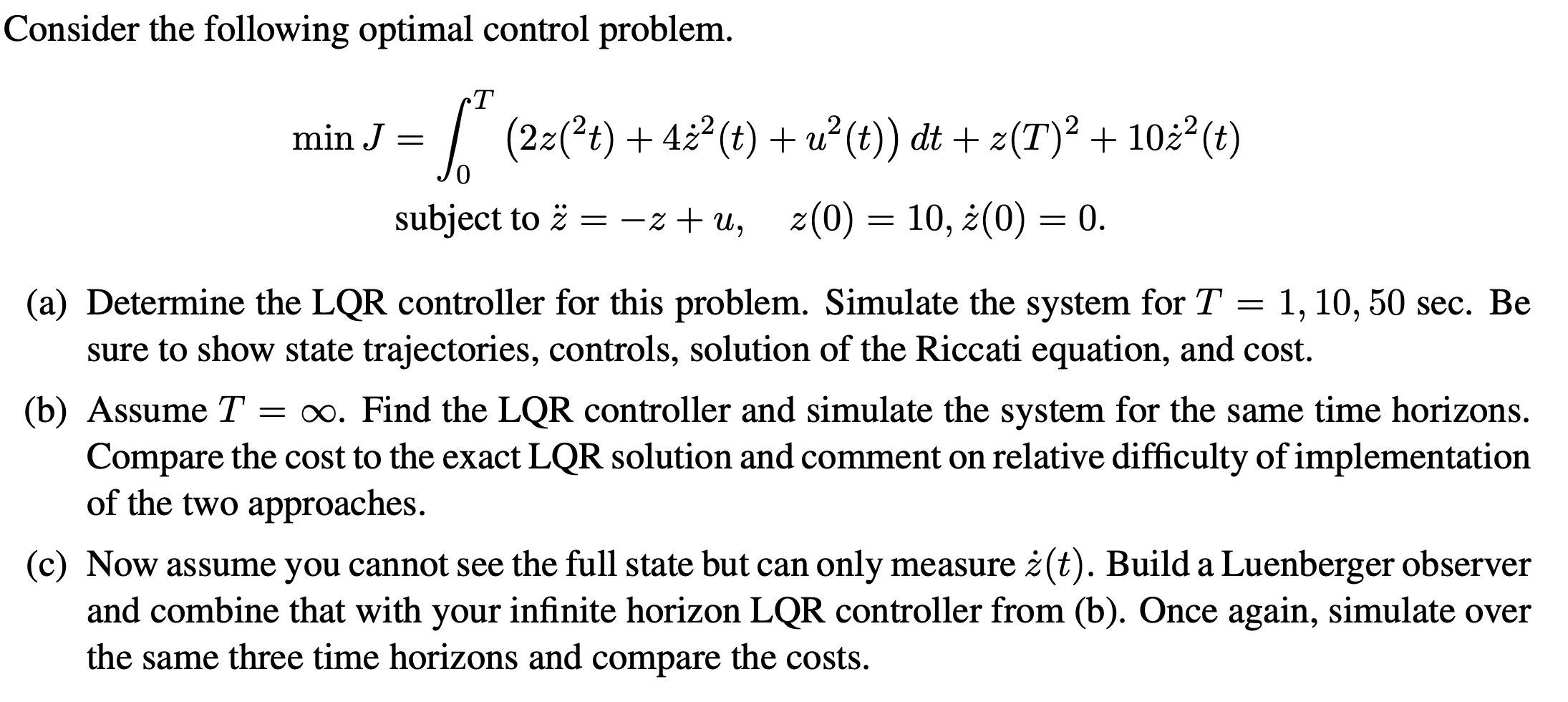 Consider the following optimal control problem. T min | Chegg.com