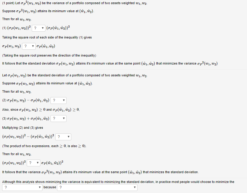 Solved (1 point) Let ơP2(w1,w2) be the variance of a | Chegg.com