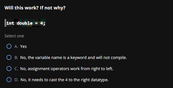 Will this work? If not why?Int double =4;Select oneA. | Chegg.com