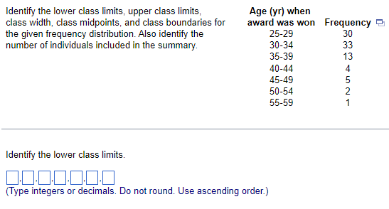 Solved Identify the lower class limits. (Iype integers or | Chegg.com