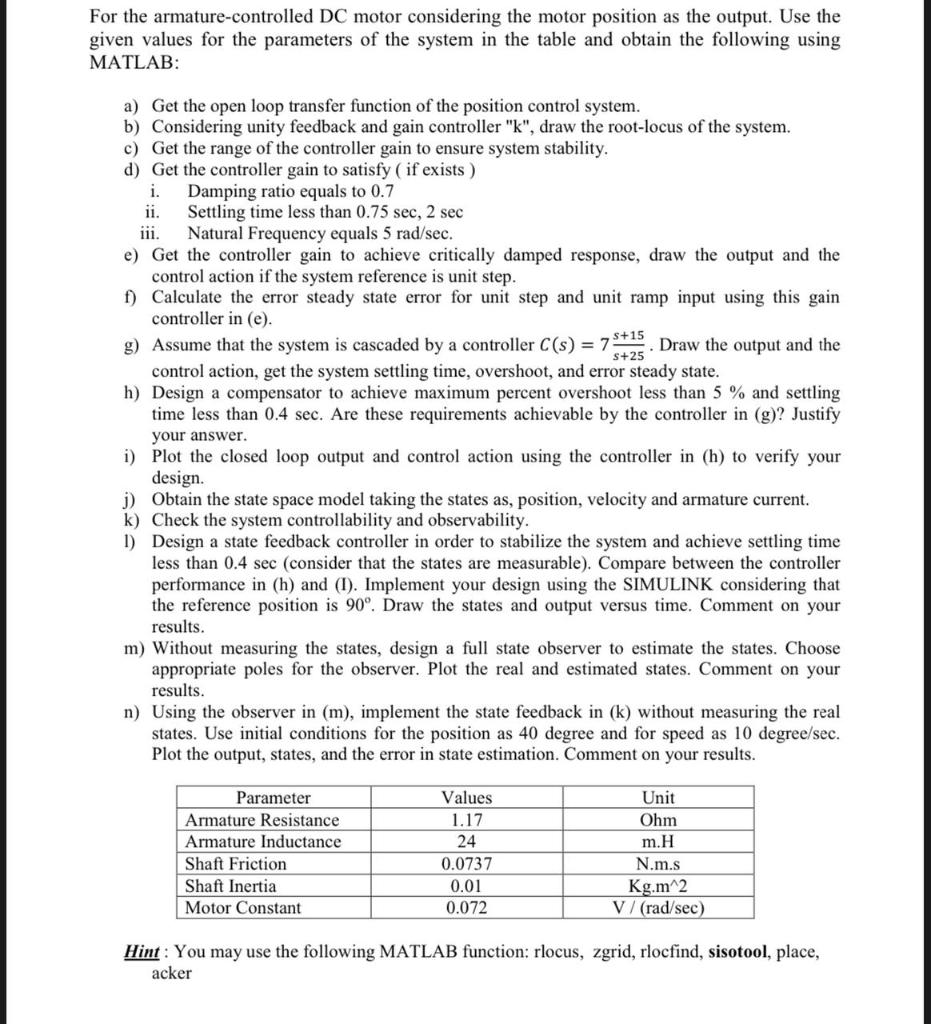 Solved For the armature-controlled DC motor considering the | Chegg.com
