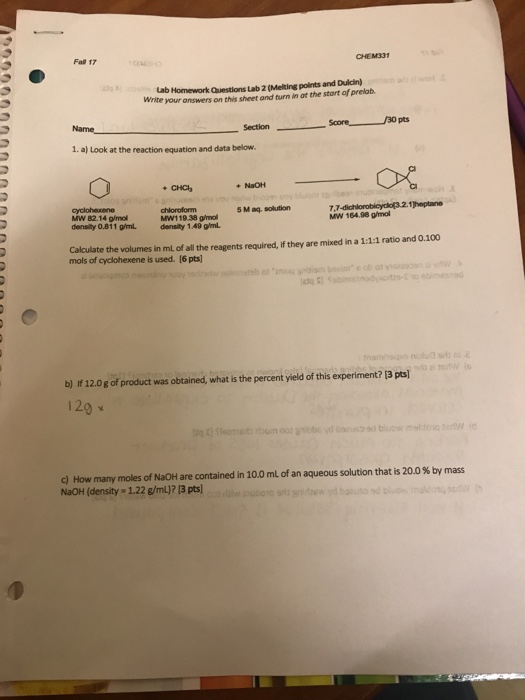 Solved Fal 17 CHEM331 Lab Homework Questions Lab 2 (Melting | Chegg.com